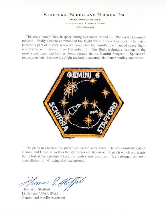 Bonhams : FLOWN GEMINI 6 MISSION EMBLEM.