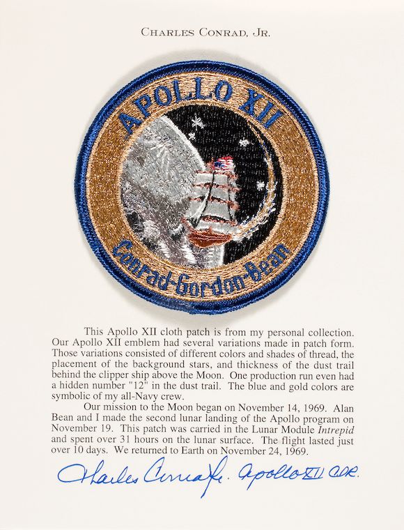 Bonhams : APOLLO 12 CREW EMBLEM–CARRIED TO THE LUNAR SURFACE.