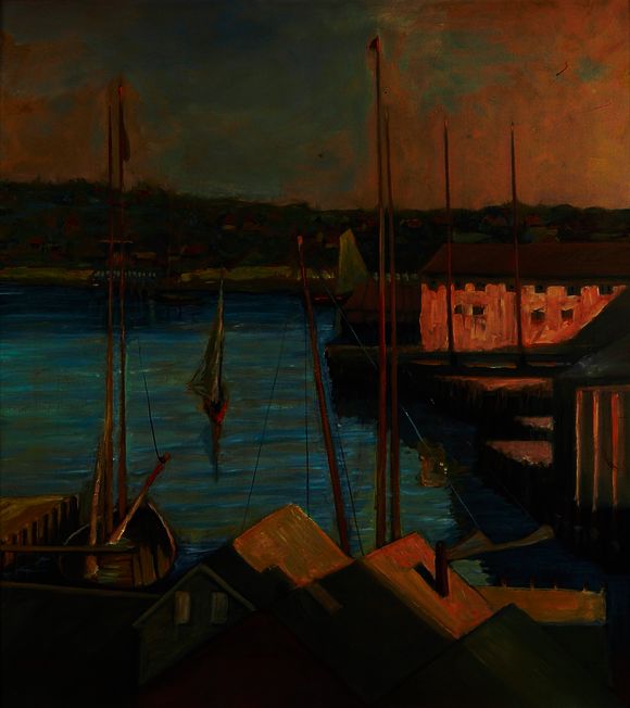 Bonhams : Hans Bauer (German, active 1880-1920) A harbor scene 27 x 24in