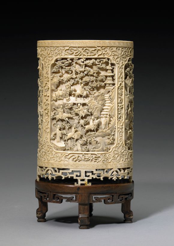 Bonhams : A carved ivory brush pot 19th Century