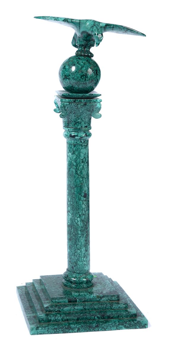 Bonhams : A column form malachite trophy surmounted by an eagle