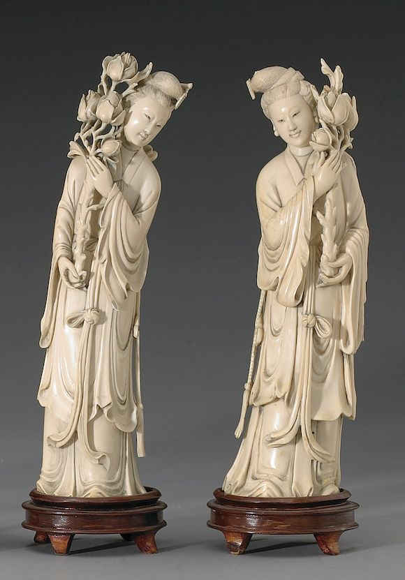 Bonhams : A pair of carved ivory beauties 20th Century