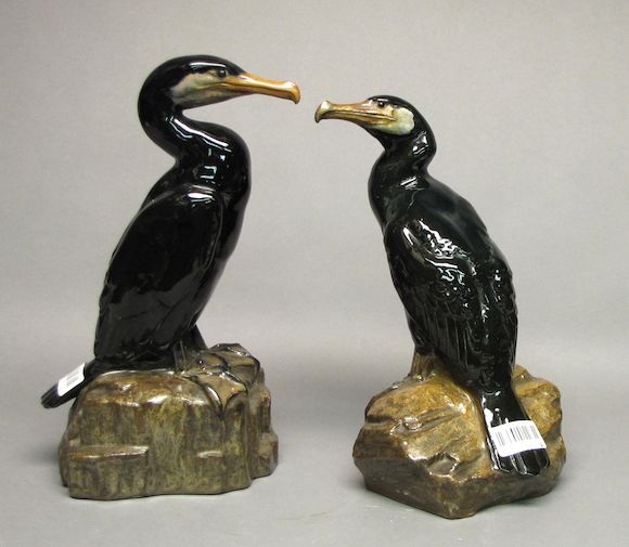 Bonhams : A pair of pottery models of cormorants Taisho/Showa Period