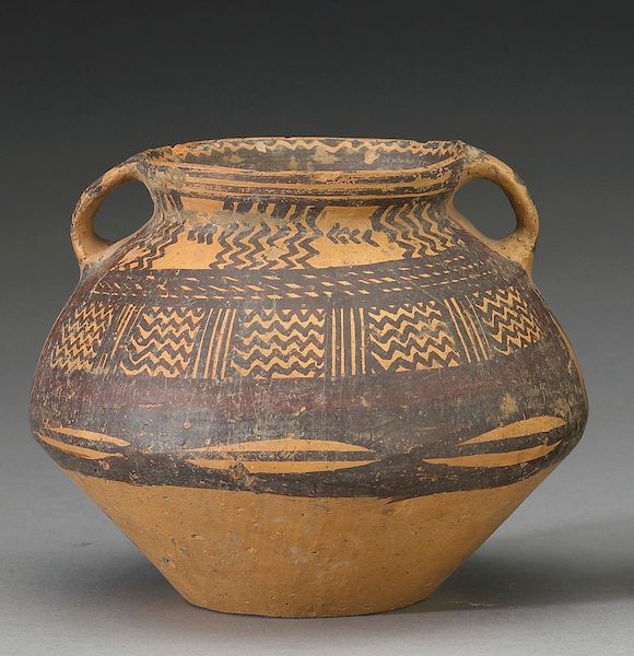 Bonhams : A small Neolithic pottery jar painted with zigzag and cowrie ...