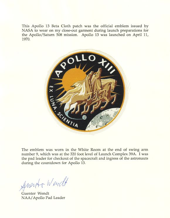 Bonhams : APOLLO 13 EMBLEM WORN IN THE WHITE ROOM.