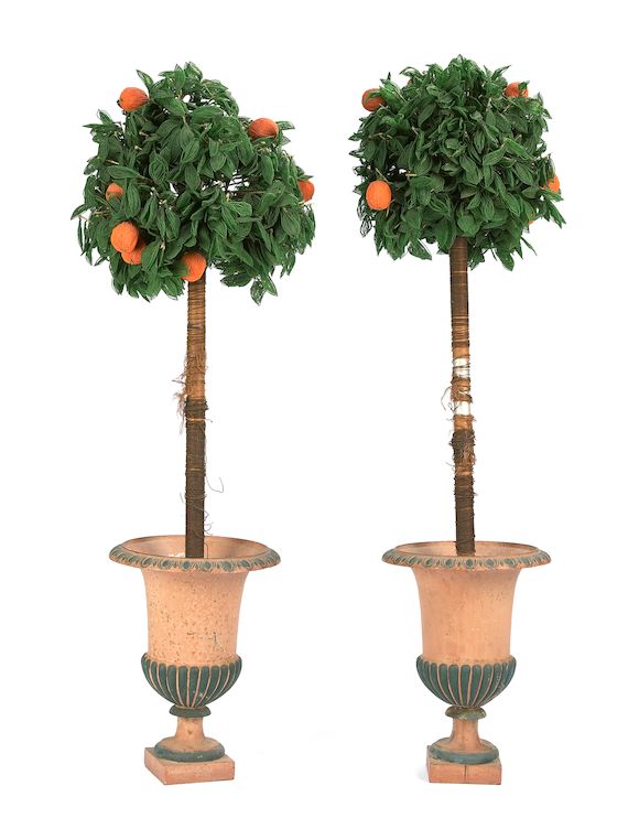 Bonhams : A pair of beaded wire and cast-iron potted Orange trees