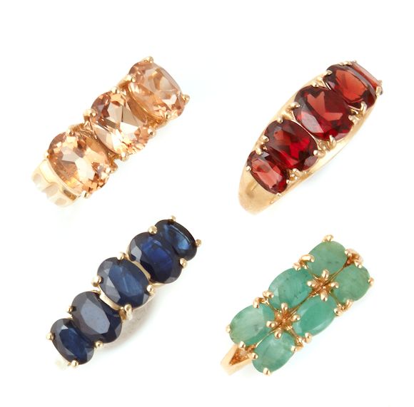 Bonhams : A collection of nine gem-set, 10k and 14k gold rings