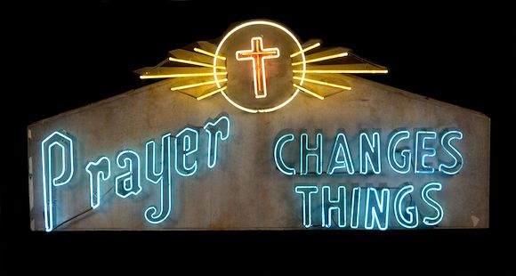 Bonhams : A painted wood and neon sign PRAYER CHANGES THINGS