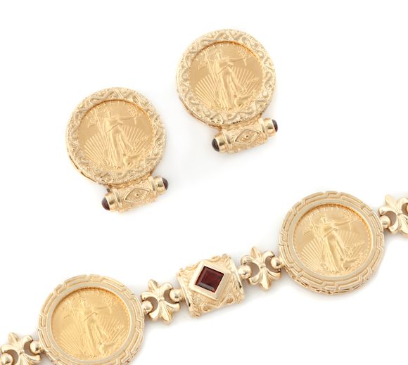 Bonhams : A five dollar gold coin and garnet bracelet and pair of earrings,