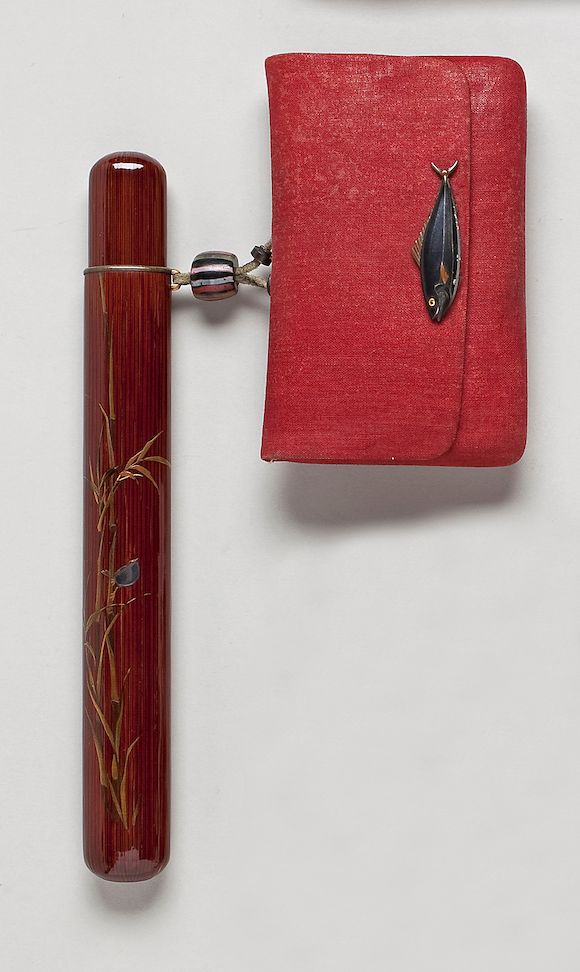 Bonhams : Lacquered bamboo pipecase and cloth tobacco pouch By Shoen ...