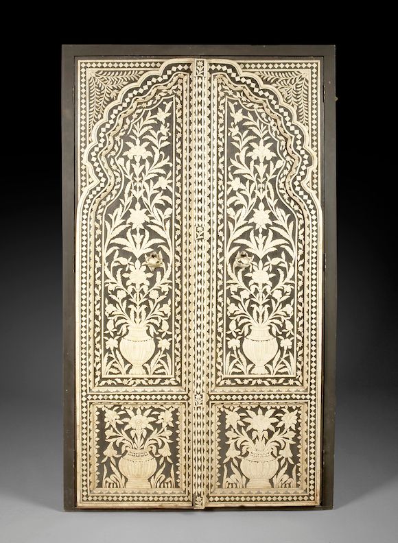 Bonhams : A pair of Anglo Indian painted carved bone paneled doors late ...