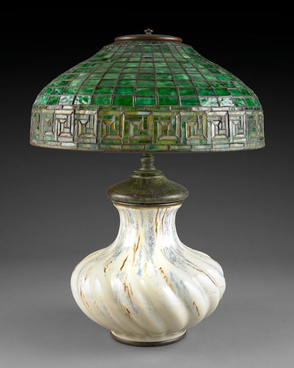Bonhams : A Tiffany Studios leaded glass Greek Key shade on a glazed ...