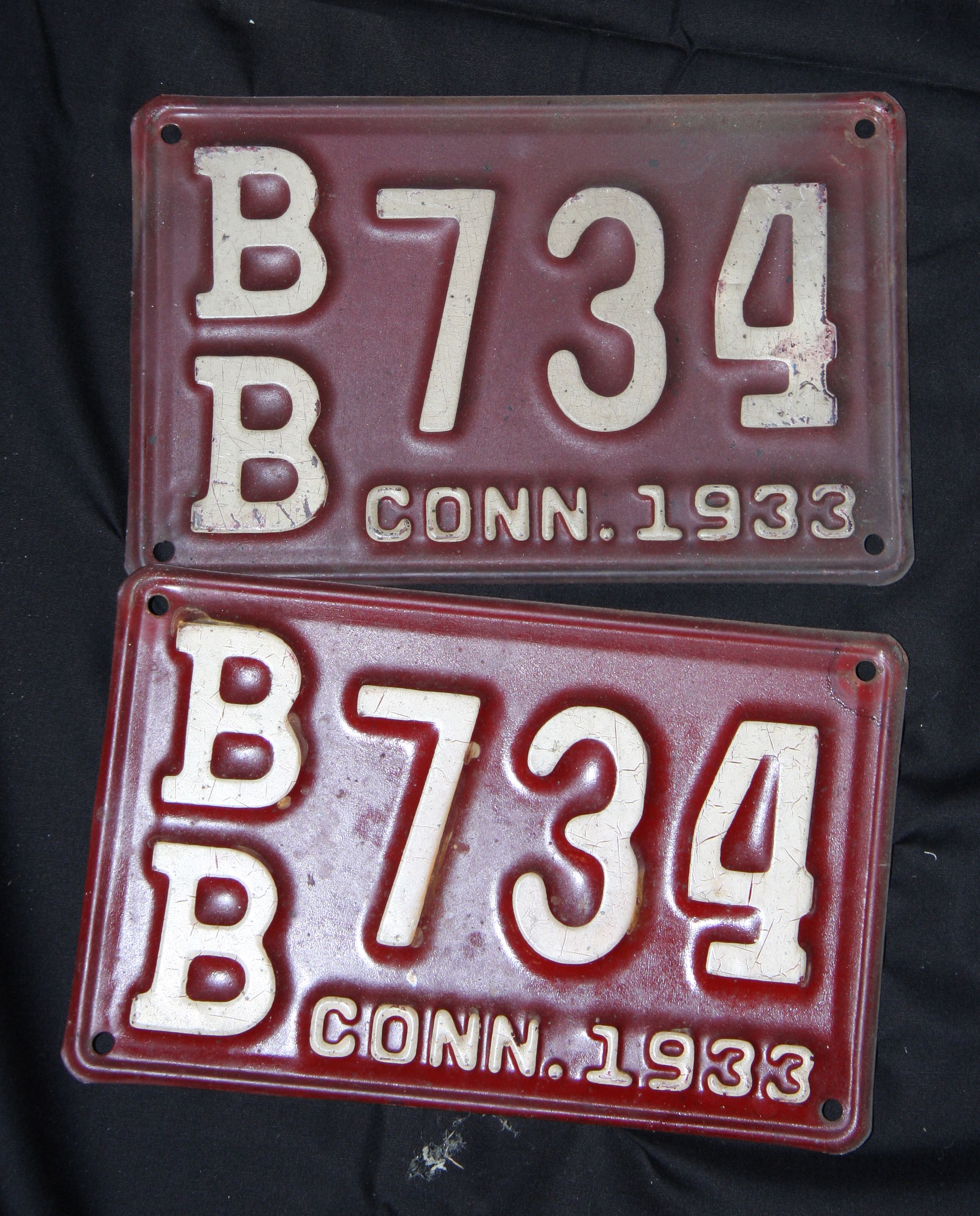 Bonhams Cars : A pair of 1933 Connecticut BB series plates, No. 734