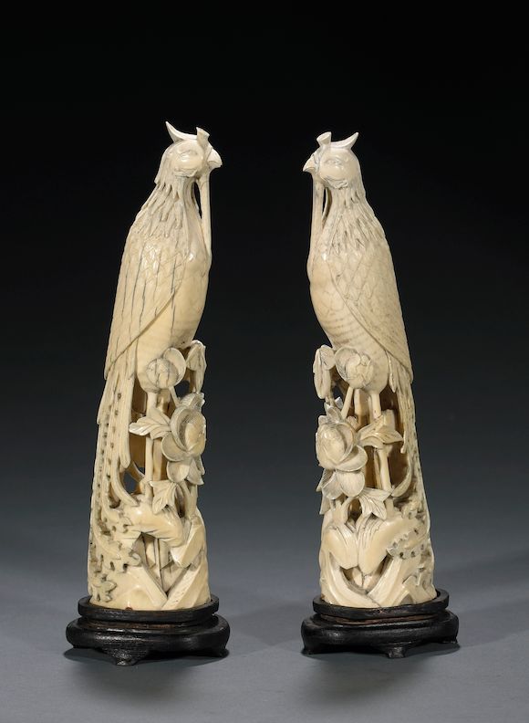 Bonhams : A pair of ivory phoenix birds Late 19th Century