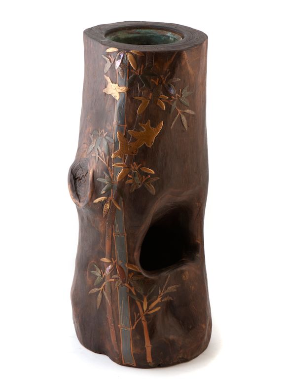 Bonhams : A Japanese tree trunk flower arranging vase with gilt lacquer ...