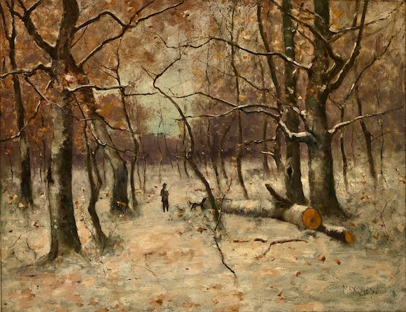 Bonhams : Max Weyl (American, 1837-1914) Hunter in the forest 24 x 31in