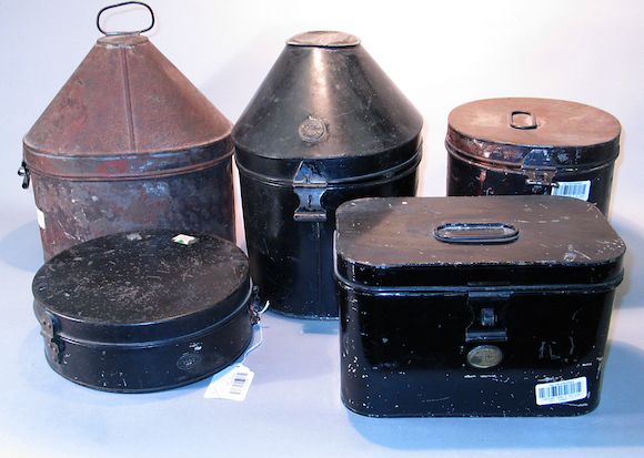 Bonhams : A lot of eight japanned tin helmet and uniform carrying cases