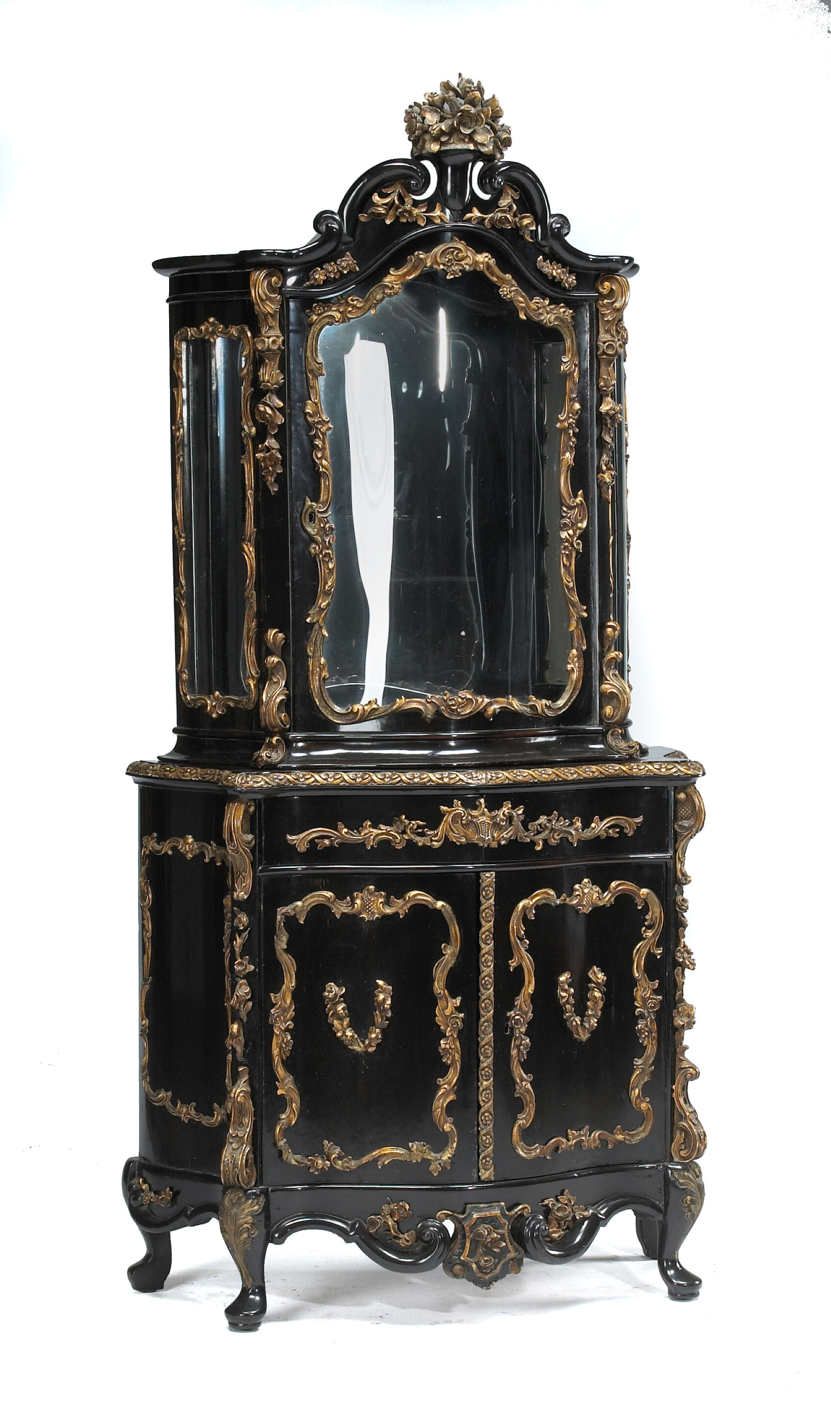 Bonhams : A Rococo style parcel gilt ebonized secretary vitrine cabinet late 19th/early 20th century