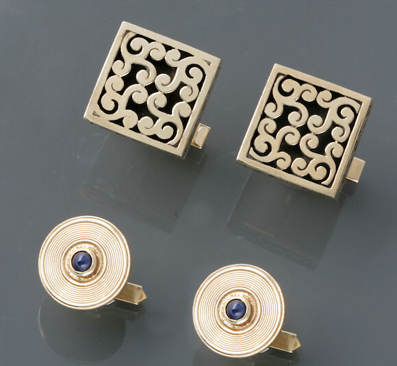 Bonhams : A collection of 14k gold cuff links, tie tack and studs