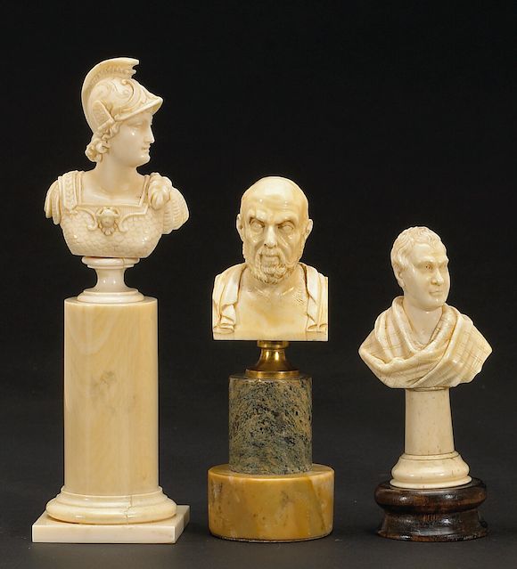 Bonhams : Three carved ivory miniature portrait busts 19th century