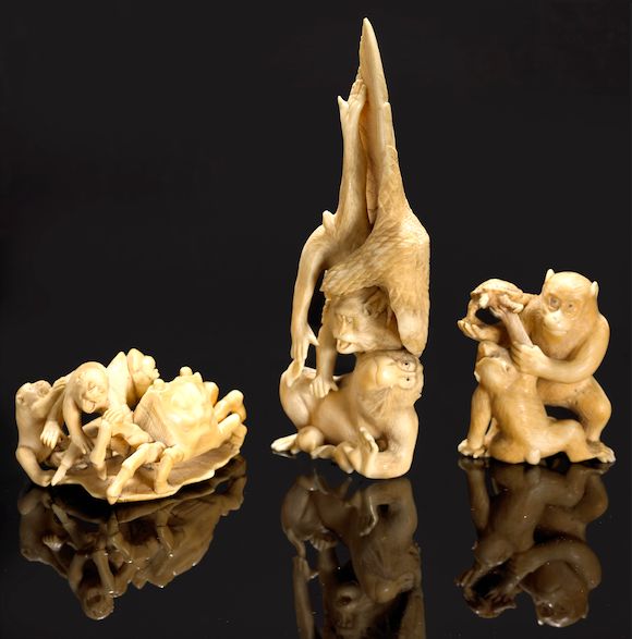 Bonhams : Three Japanese tinted ivory carvings of monkeys Meiji/Taisho ...