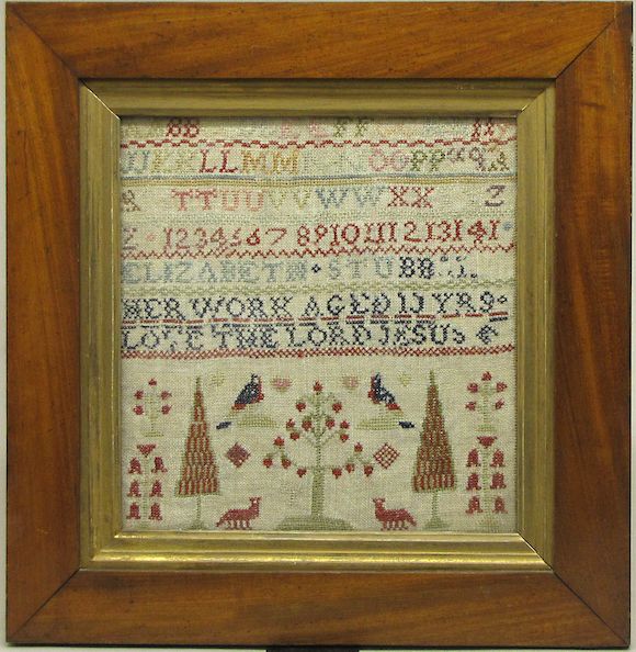 Bonhams : A framed needlework alphabet sampler Elizabeth Stubb 19th century