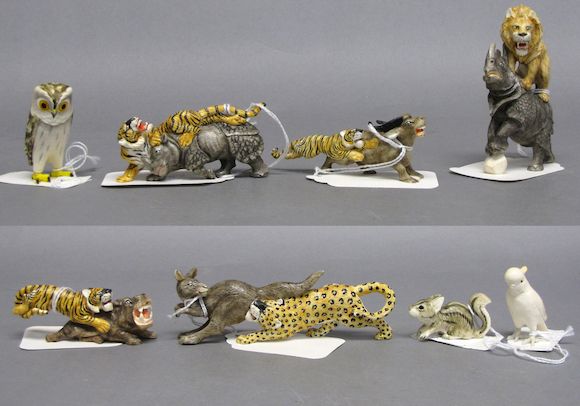 Bonhams : A group of eight small polychrome ivory animal studies 20th ...