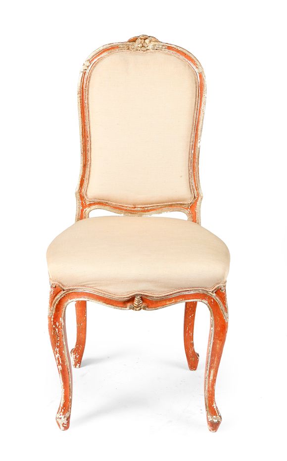 Bonhams : A set of six Italian Roooco style scarlet decorated dining chairs