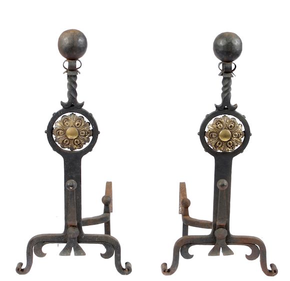 Bonhams : A pair of Baroque style gilt bronze and wrought iron andirons