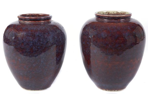 Bonhams : A pair of molted red glazed jars