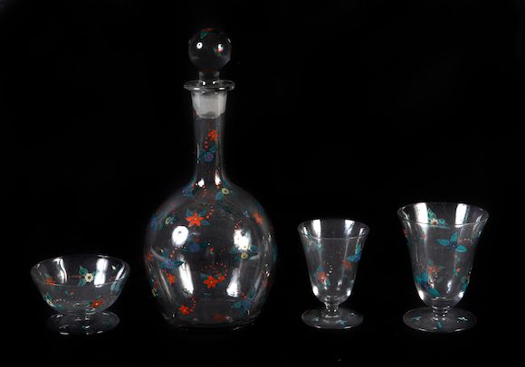 Bonhams : A Spanish enamel decorated glassware and decanter set