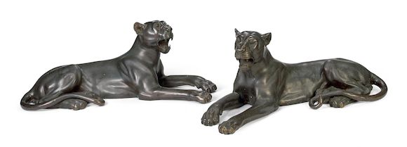 Bonhams : A pair of patinated bronze models of panthers after a model ...