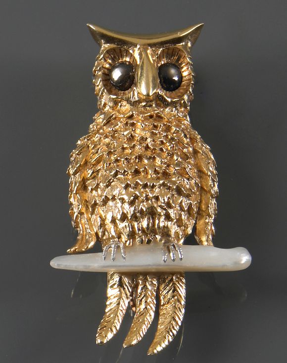 Bonhams : A pearl and 18k gold owl brooch, signed Ruser,