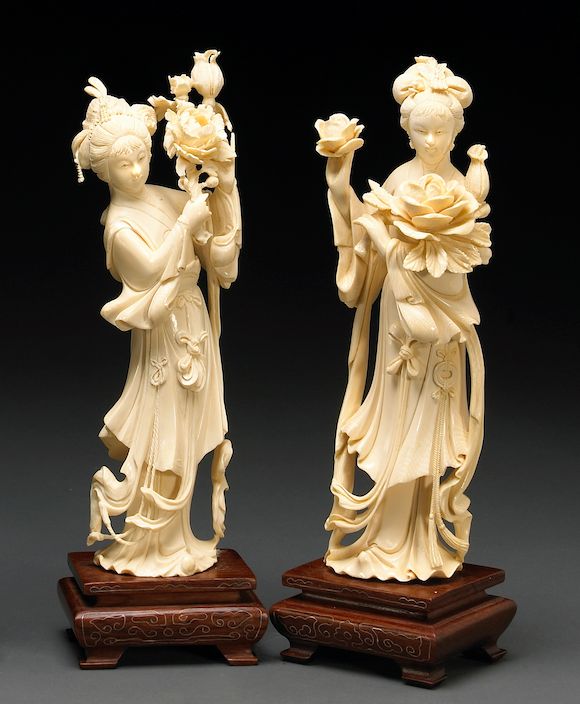 Bonhams : A pair of carved ivory beauties 20th Century