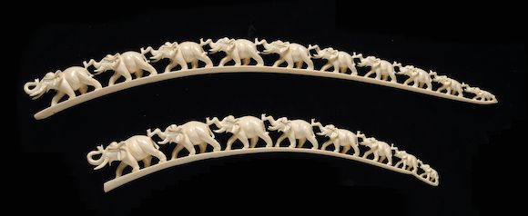Bonhams : Two deeply undercut ivory elephant bridges 20th Century