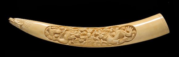 Bonhams : A tinted ivory tusk with carved decoration 20th Century