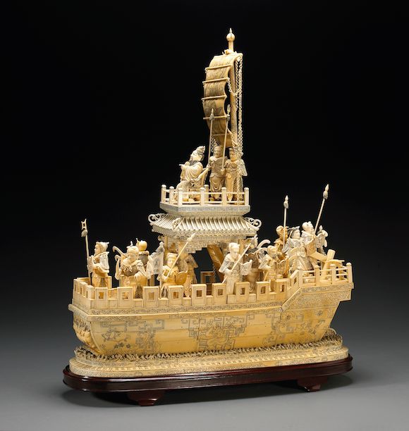 Bonhams : A large pieced and tinted ivory model of a war ship 20th Century