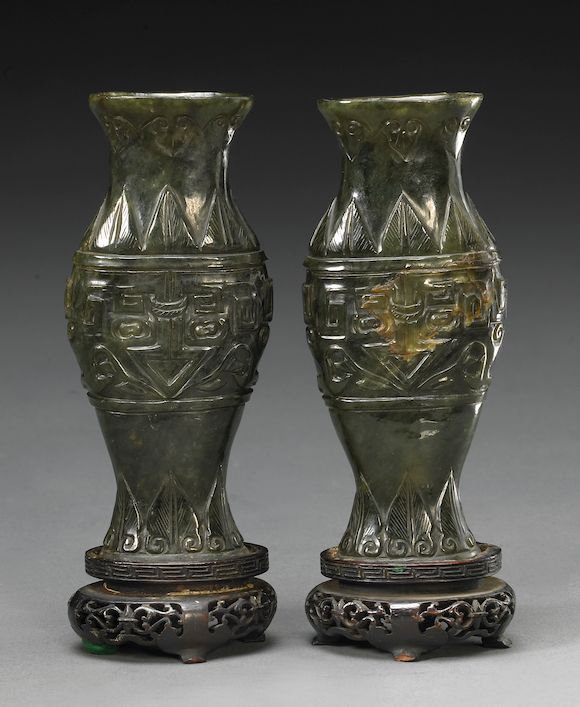 Bonhams : A pair of small 'spinach' jade vases 20th Century