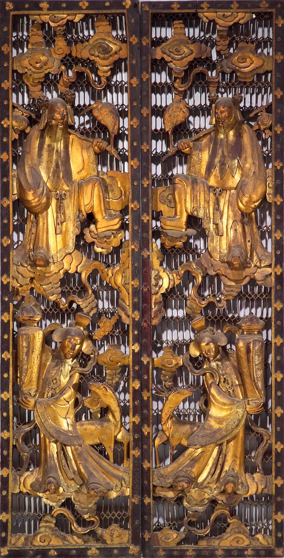 Bonhams : A pair of giltwood reticulated figure panels Late Qing Dynasty