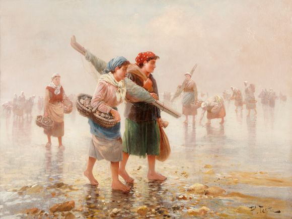 Bonhams : Pierre Testu (French) Fisher folk on a beach 19 1/4 x 25 1/2in