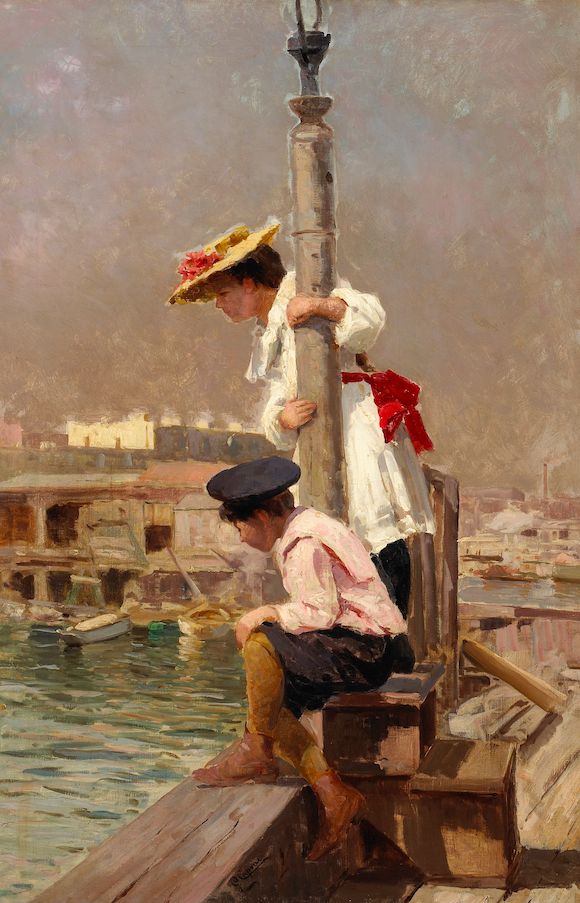 Bonhams : Gaetano Capone (Italian, 1845-1920) On the pier 30 1/4 x 20in ...
