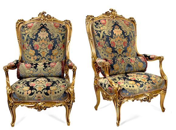 Bonhams : A pair of Rococo style giltwood fauteuils