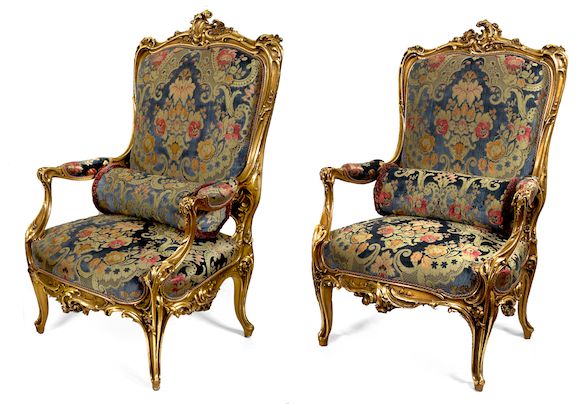 Bonhams : A pair of Rococo style giltwood fauteuils
