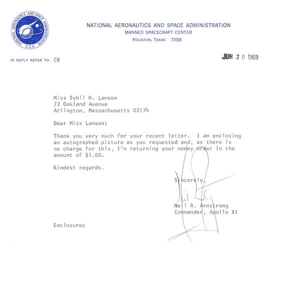Bonhams : NEIL ARMSTRONG LETTER FROM JUNE 30, 1969
