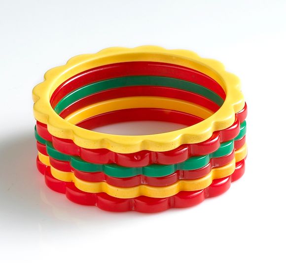 Bonhams : A collection of six bakelite "daisy spacer" bangle bracelets