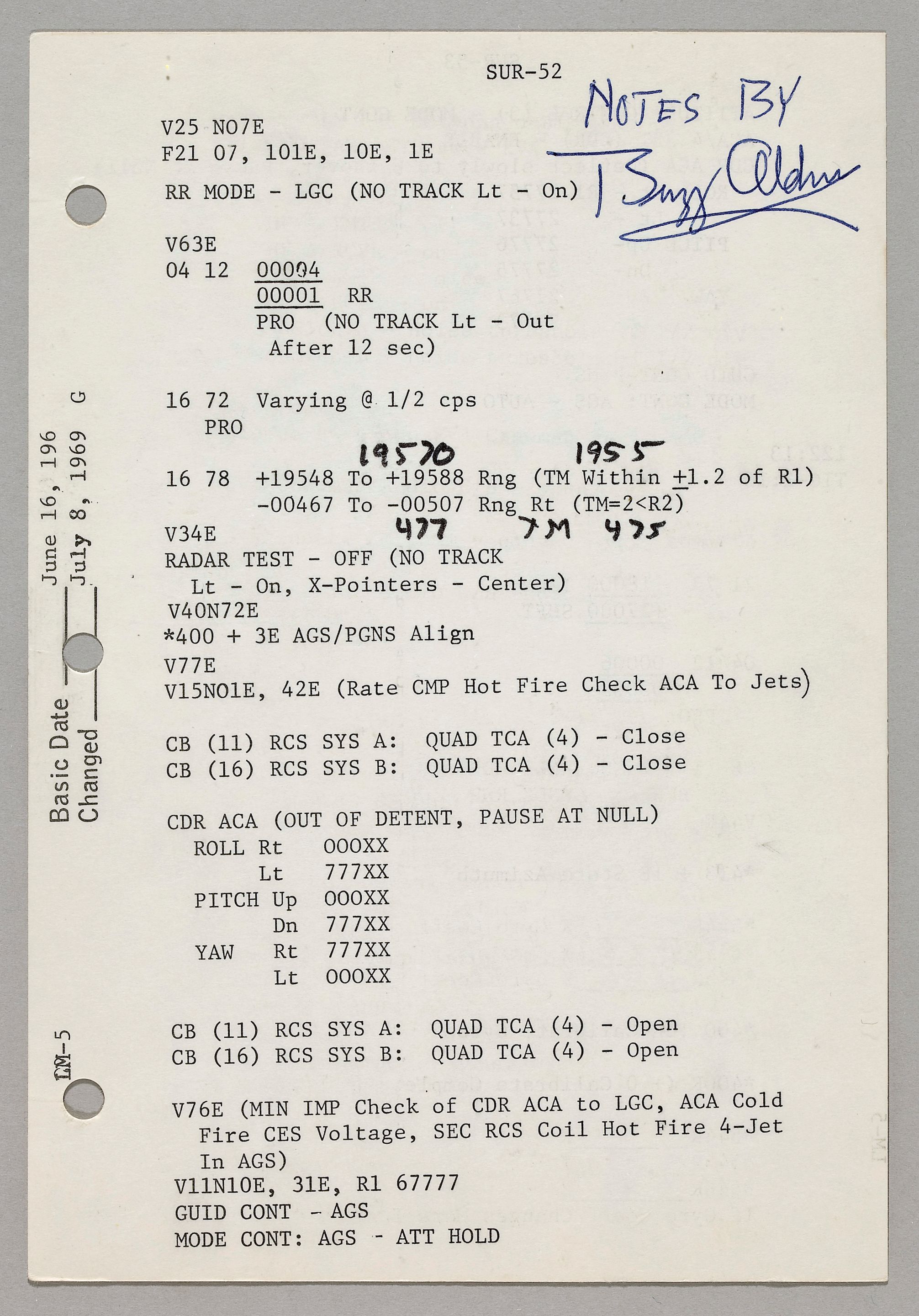FLOWN APOLLO 11 LUNAR SURFACE CHECKLIST SHEET—NOTATIONS RECORDED WHILE ...