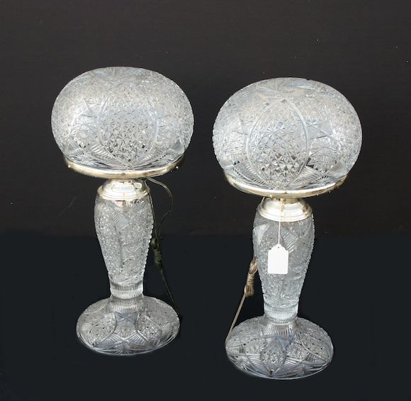 Bonhams : A pair of cut glass baluster table lamps with mushroom shaped ...