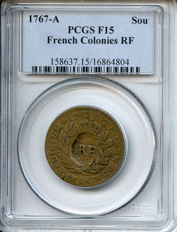 Bonhams : 1767-A French Colonies Sou Countermarked RF Fine 15 PCGS