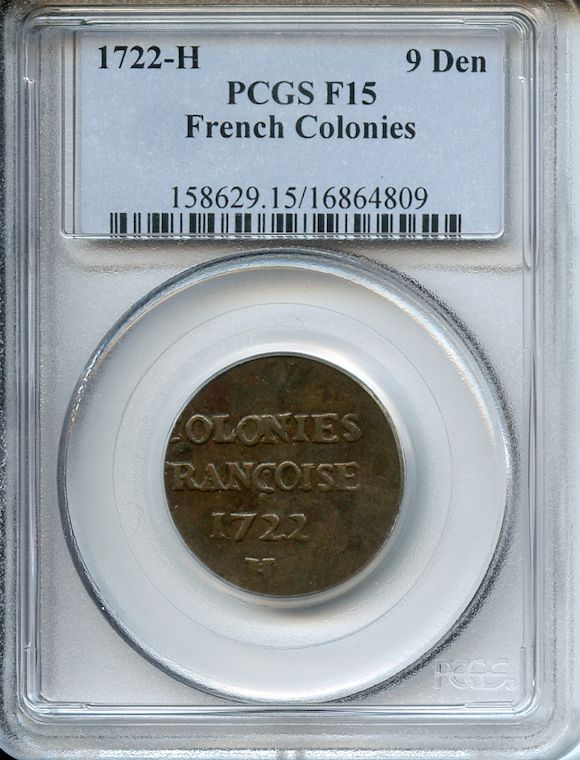 Bonhams : 1722-H French Colonies 9 Deniers Fine 15 PCGS