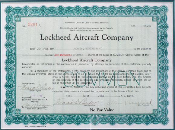 Bonhams : LOCKHEED STOCK CERTIFICATE.